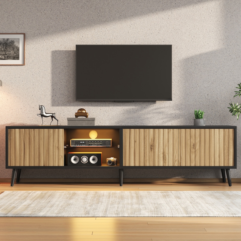 TV-Lowboard aus Spanplatte in Naturholz und Schwarz, 175 x 31 x 43,5 cm ...