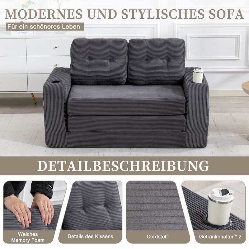 Modulares Zweisitzer-Sofa Cord Grau 136x80x82,5 cm mit Getränkehaltern ...