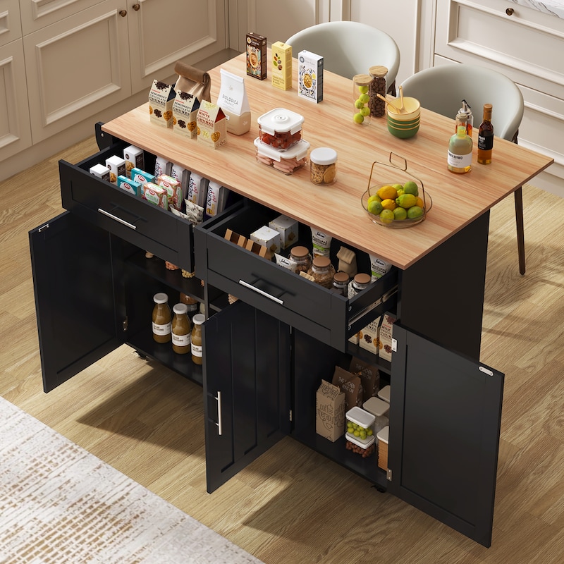 Kücheninsel MDF Schwarz/Natur 129x71x91,5 cm mit Klappplatte und Rädern ...