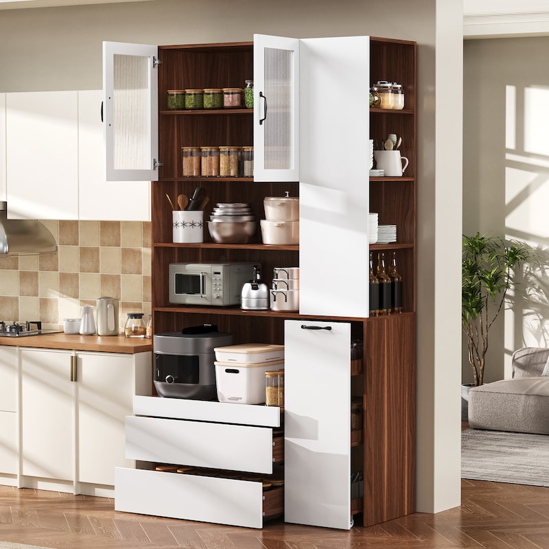 Highboards MDF Weiß/Walnuss 100x40x200 cm mit Schubladen & Riffelglas ...