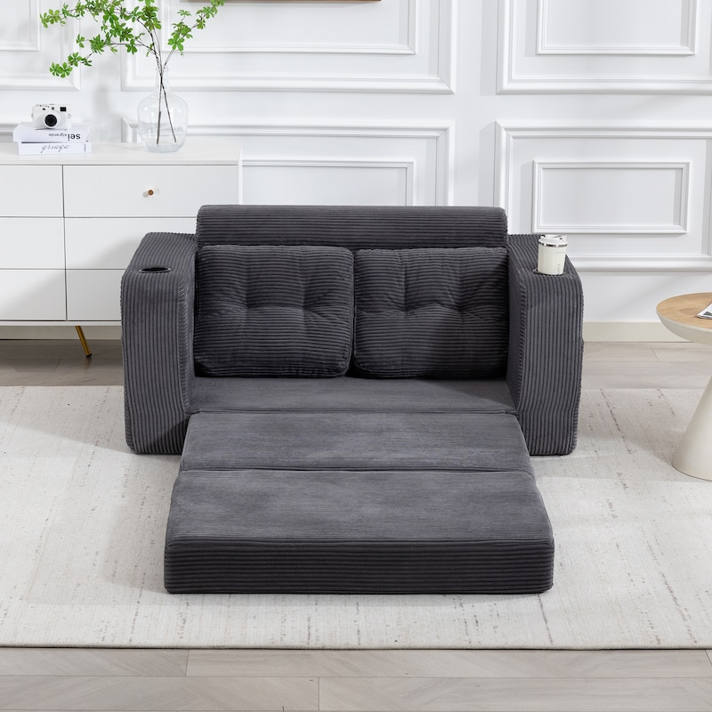 Modulares Zweisitzer-Sofa Cord Grau 136x80x82,5 cm mit Getränkehaltern ...