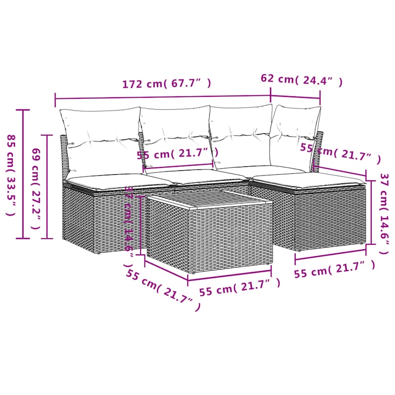 vidaXL 5-tlg. Garten-Sofagarnitur mit Kissen Grau Poly Rattan | METRO